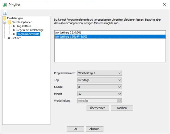 Station Admin: Programmelemente für Playlists